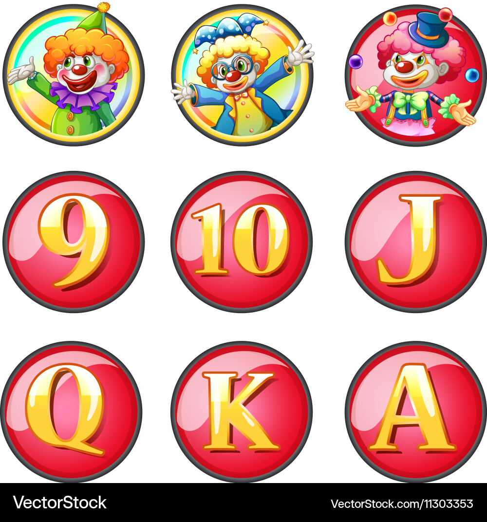 Jesters and letters on round badges Royalty Free Vector