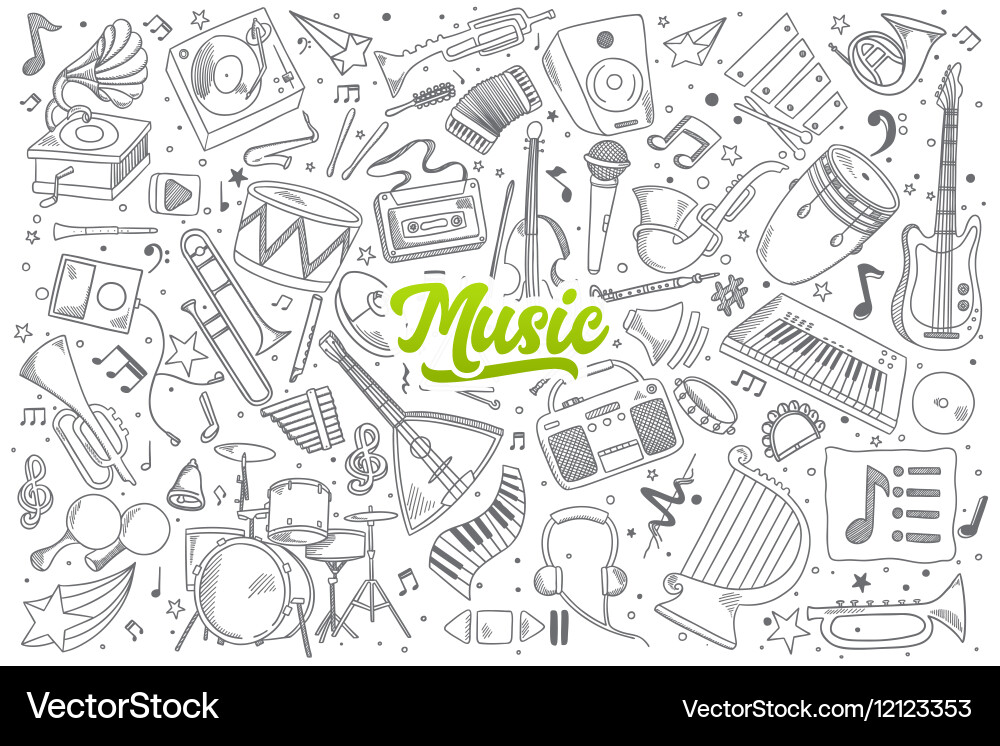 Music doodle set with lettering Royalty Free Vector Image