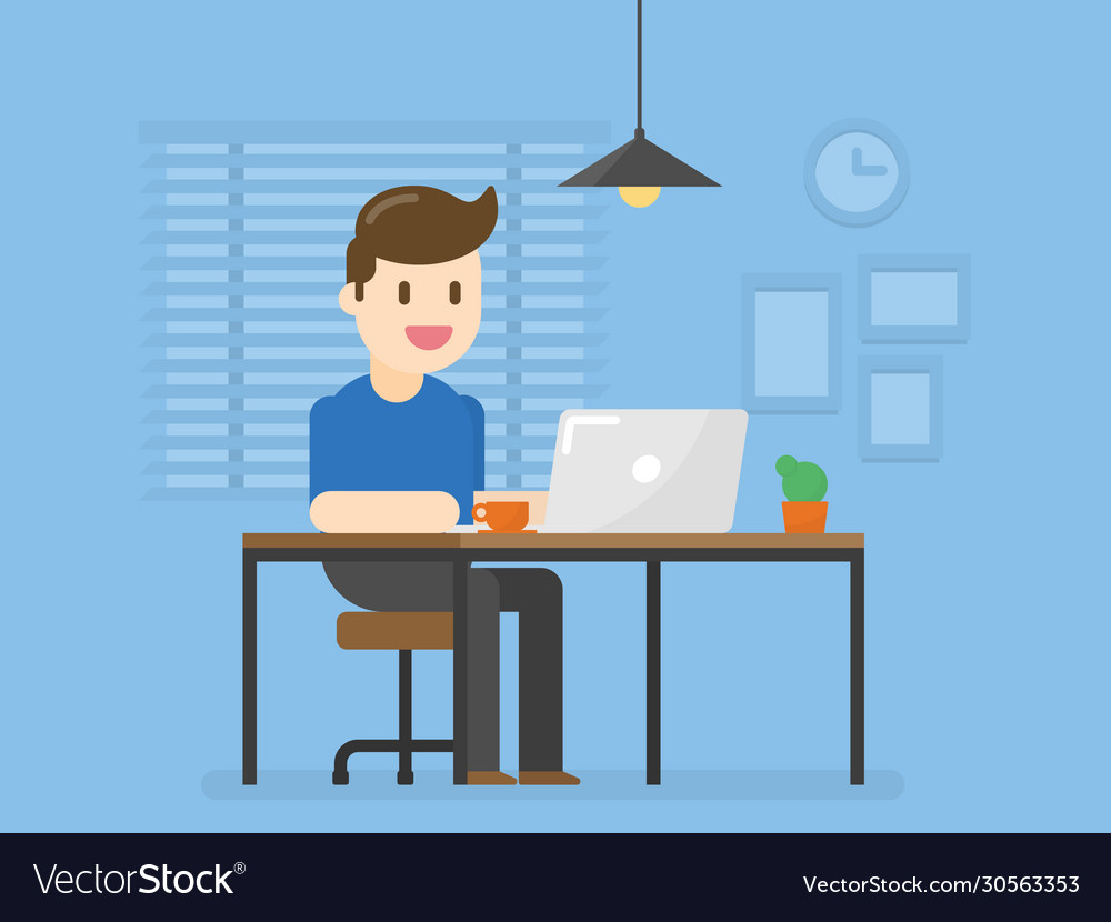 Young man working on computer at his Royalty Free Vector