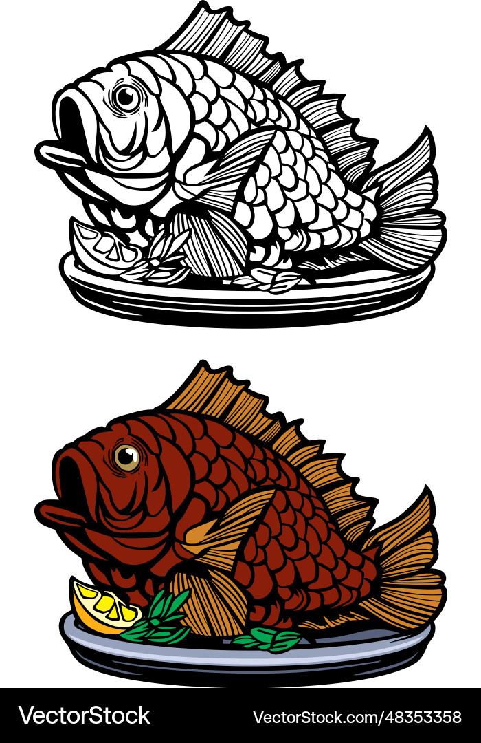 Fried fish with lemon and herbs on a platter Vector Image