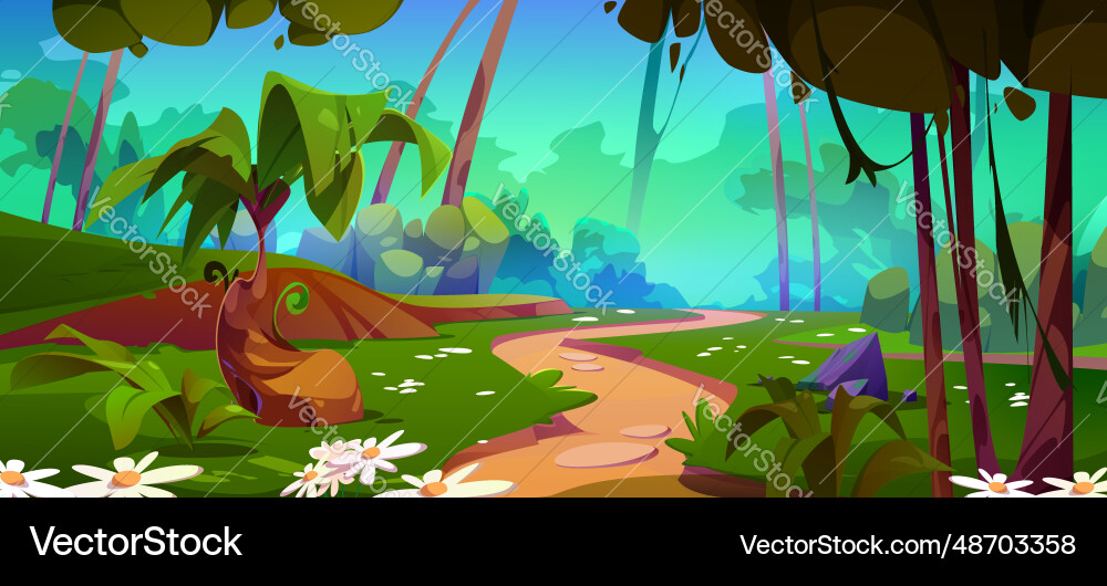 Outgoing path in forest among trees and flowers Vector Image