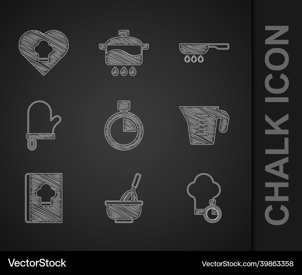 Set stopwatch kitchen whisk with bowl chef hat Vector Image