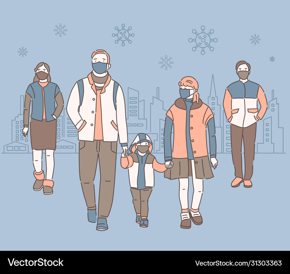 Cartoon characters wearing protective face masks Vector Image