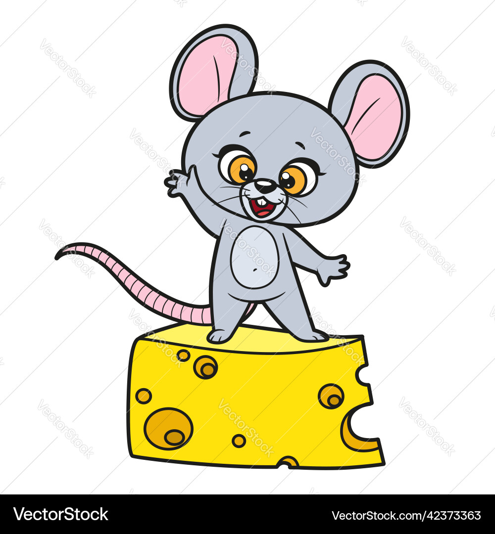 Cute cartoon mouse greets standing on a large Vector Image