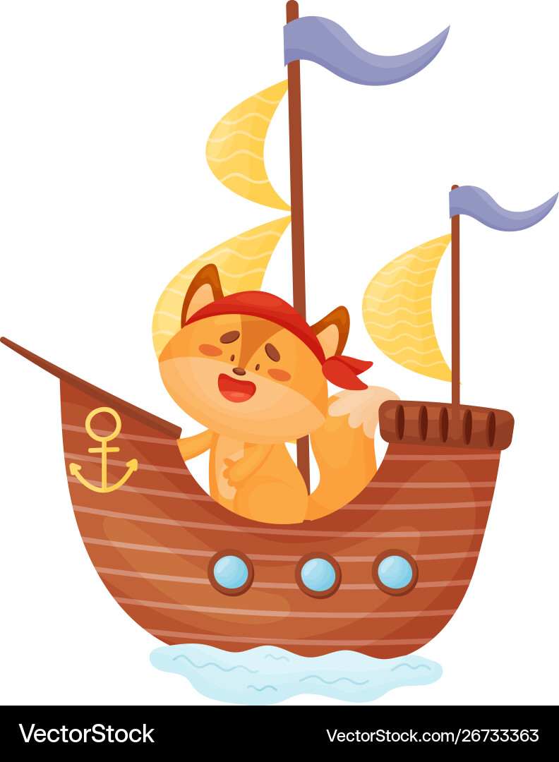 Cute fox swims on a wooden ship Royalty Free Vector Image