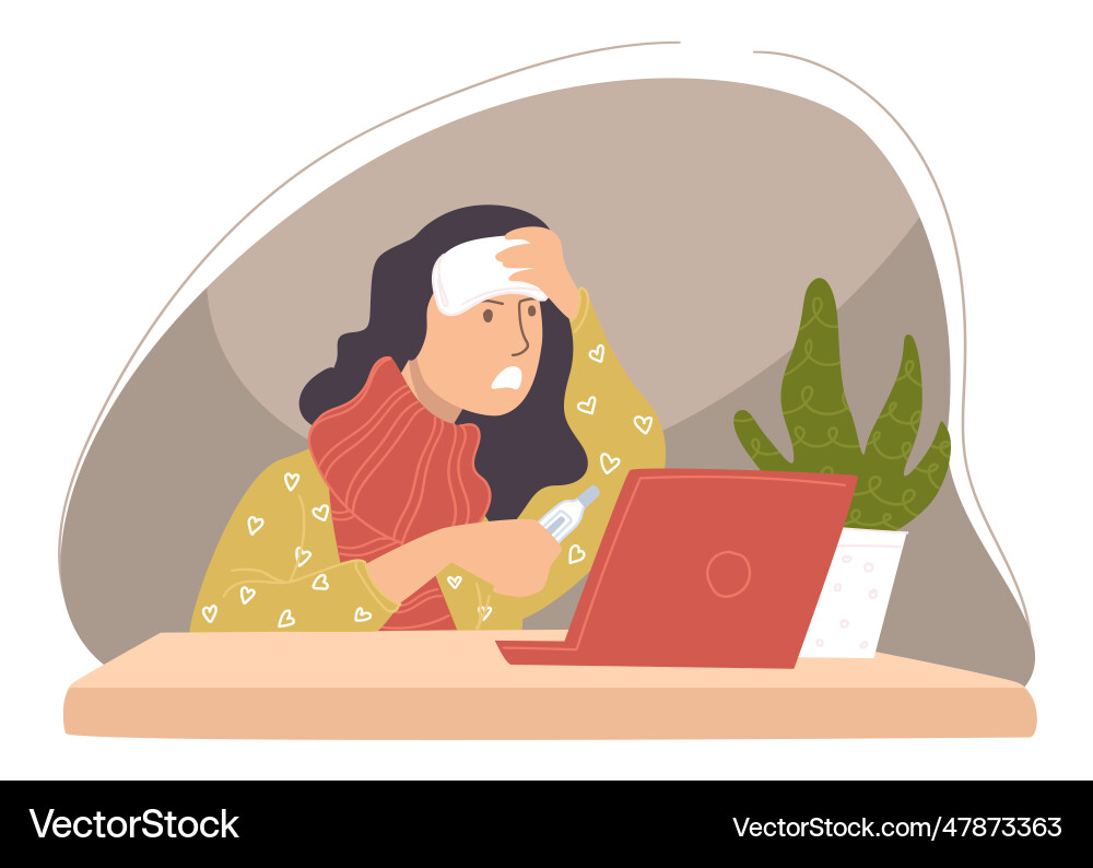 Sick personage working by laptop student studying Vector Image