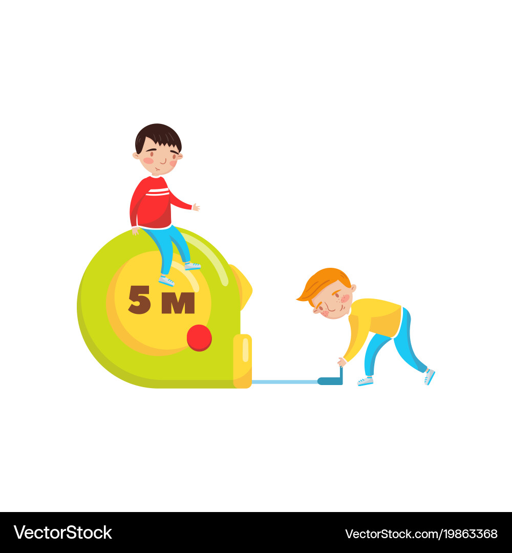 Cute boys using giant measuring tape preschool Vector Image
