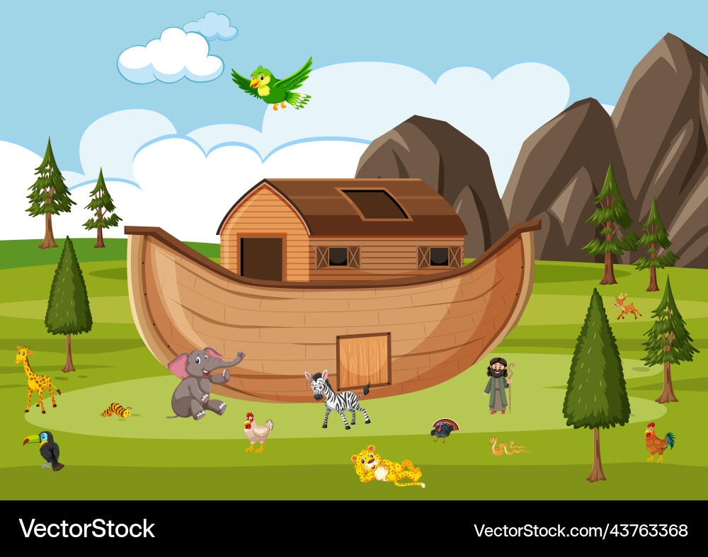 Noahs ark with wild animals in nature scene Vector Image