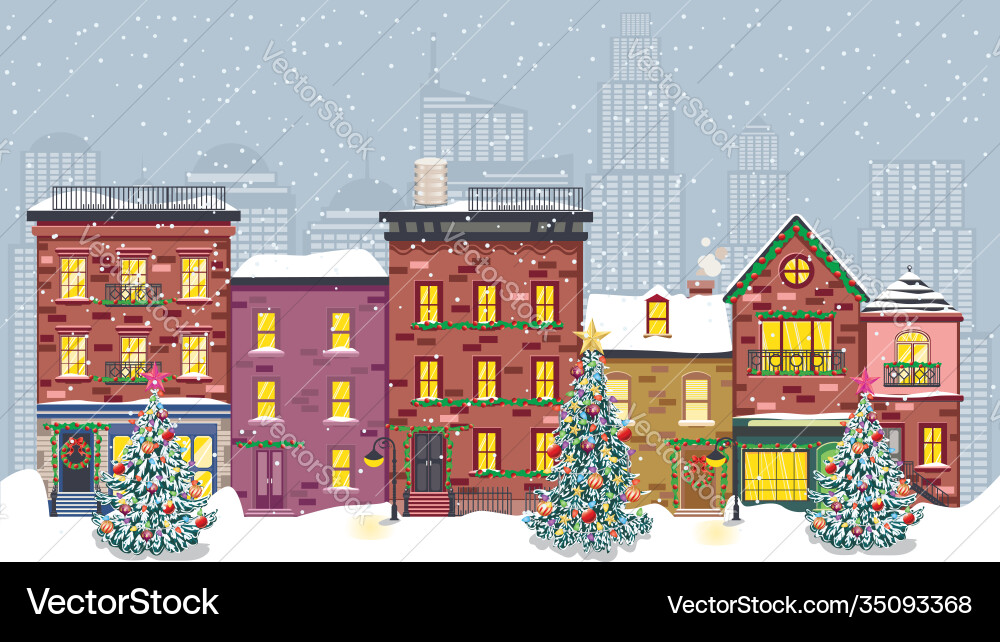 Retro town facades in christmas Royalty Free Vector Image