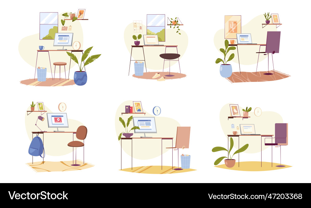 Set of office tables with computers and chairs Vector Image