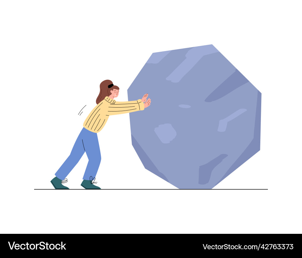 Smiling young woman easily pushes huge stone flat Vector Image