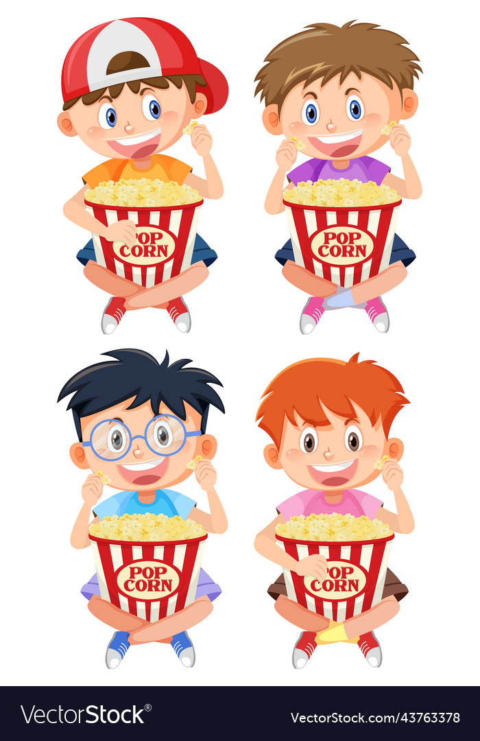 Four kids with popcorn buckets Royalty Free Vector Image
