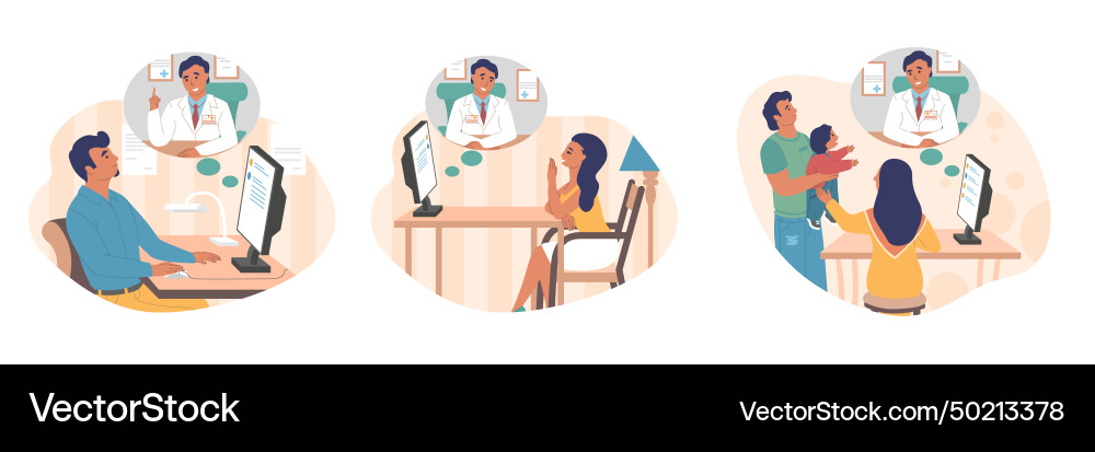 Online doctor-patient communication set flat Vector Image
