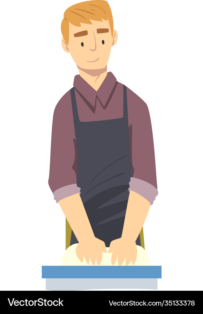 Young man in apron cooking in kitchen guy Vector Image