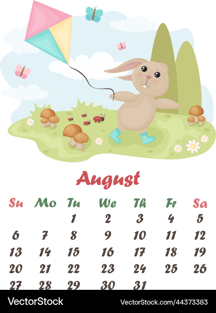 Calendar august rabbit with a kite cute summer Vector Image
