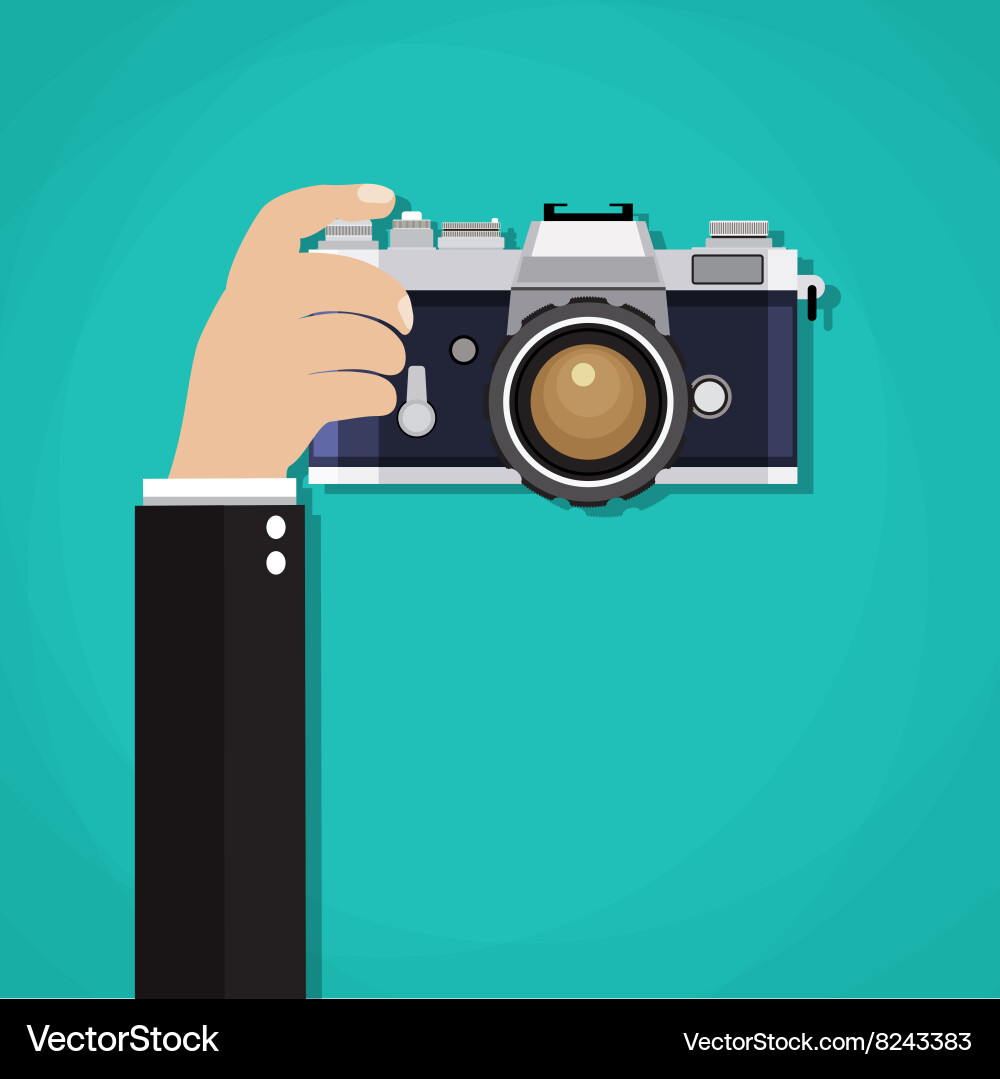 Flat of photo camera with hand Royalty Free Vector Image