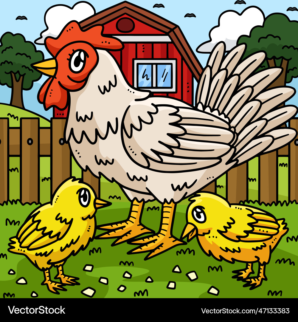 Hen and chick colored cartoon Royalty Free Vector Image