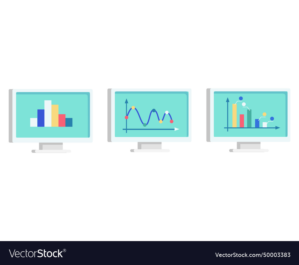 Three computer monitors displaying colorful bar Vector Image