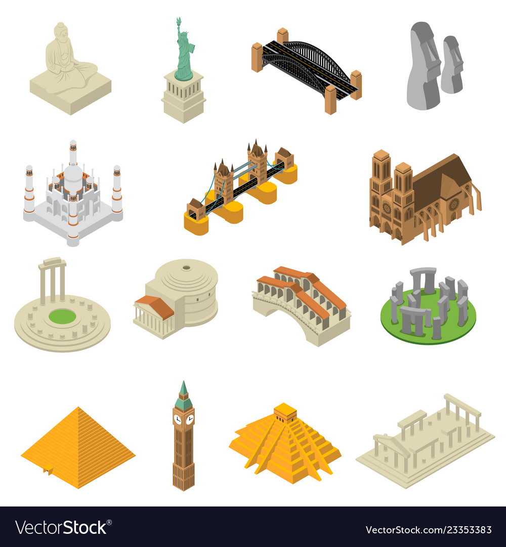 World famous landmarks isometric icons set Vector Image World famous landmarks isometric icons set Vector Image