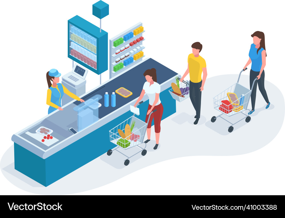Isometric grocery store counter line people Vector Image