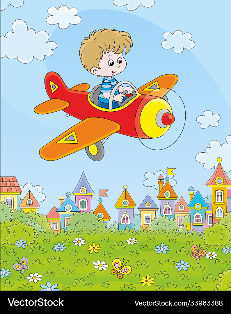 Little pilot in his plane over a town Royalty Free Vector