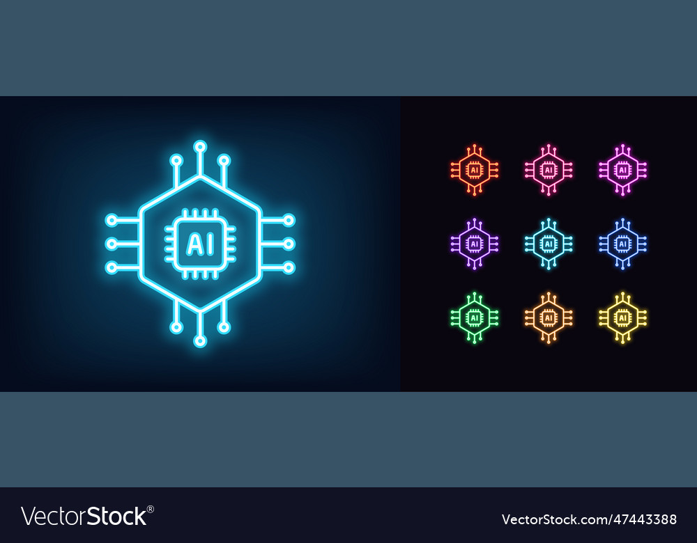 Outline neon ai cpu icon set glowing neon Vector Image Outline neon ai cpu icon set glowing neon Vector Image