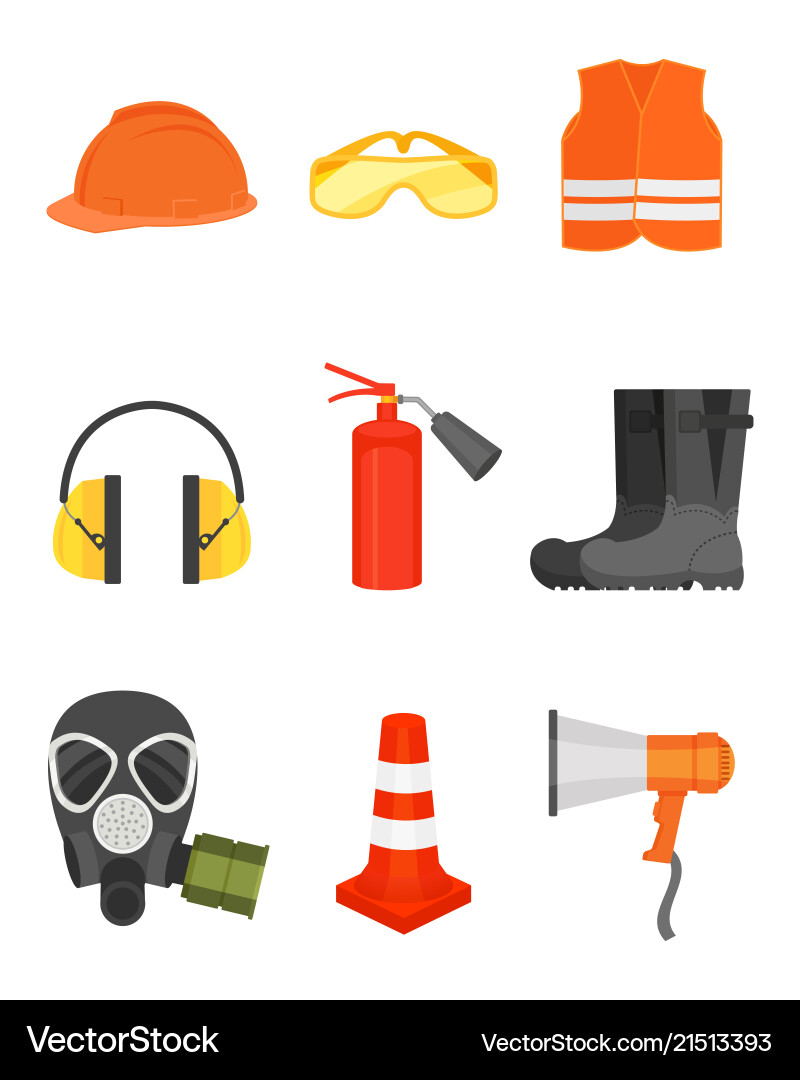 Flat set of safety equipment protective Royalty Free Vector