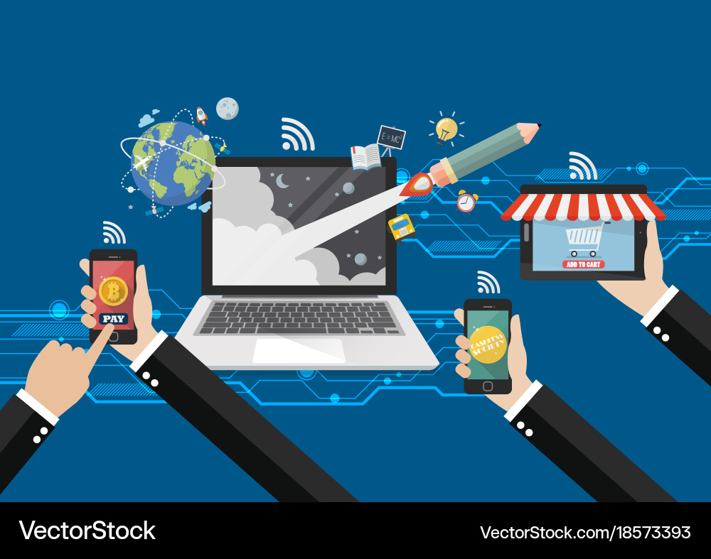 Hand with mobile phone tablet and laptop Vector Image