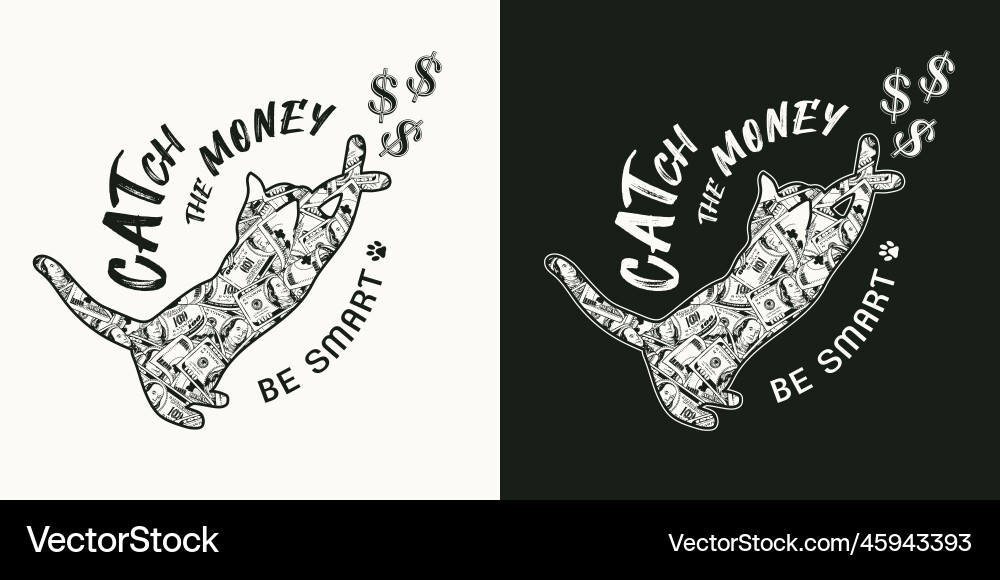 Monochrome label with money cat Royalty Free Vector Image