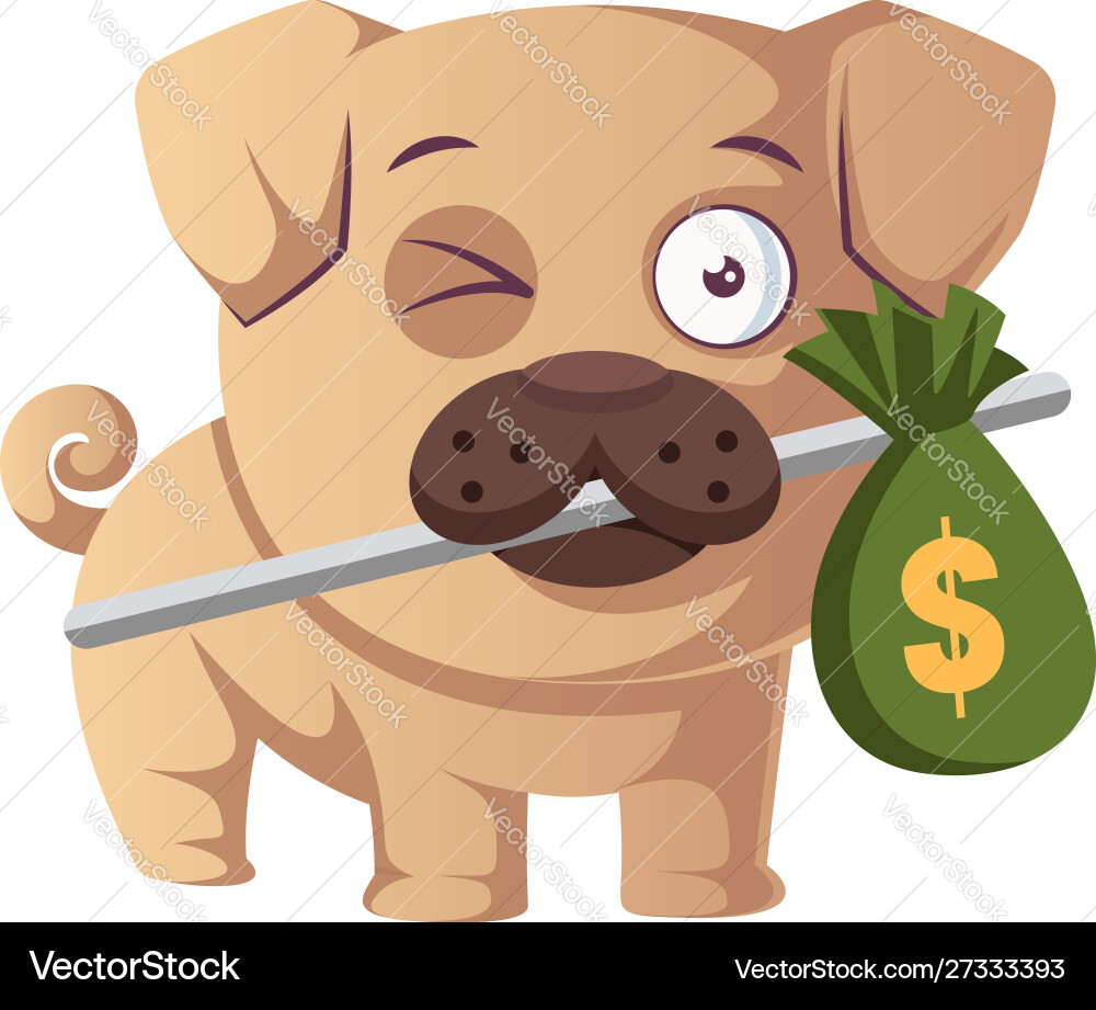 Pug with bag money on white background Royalty Free Vector