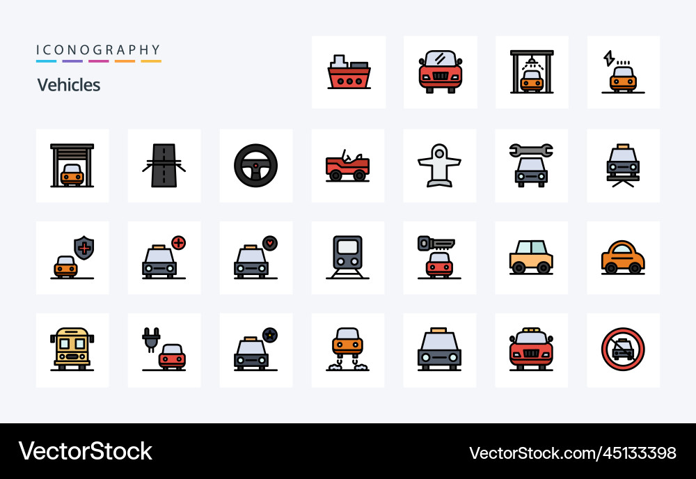 25 vehicles line filled style icon pack Royalty Free Vector