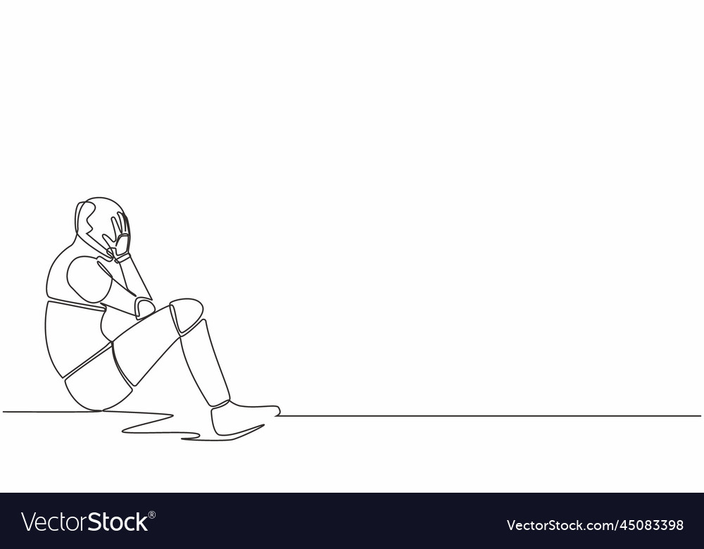 Continuous one line drawing robot cover his face Vector Image