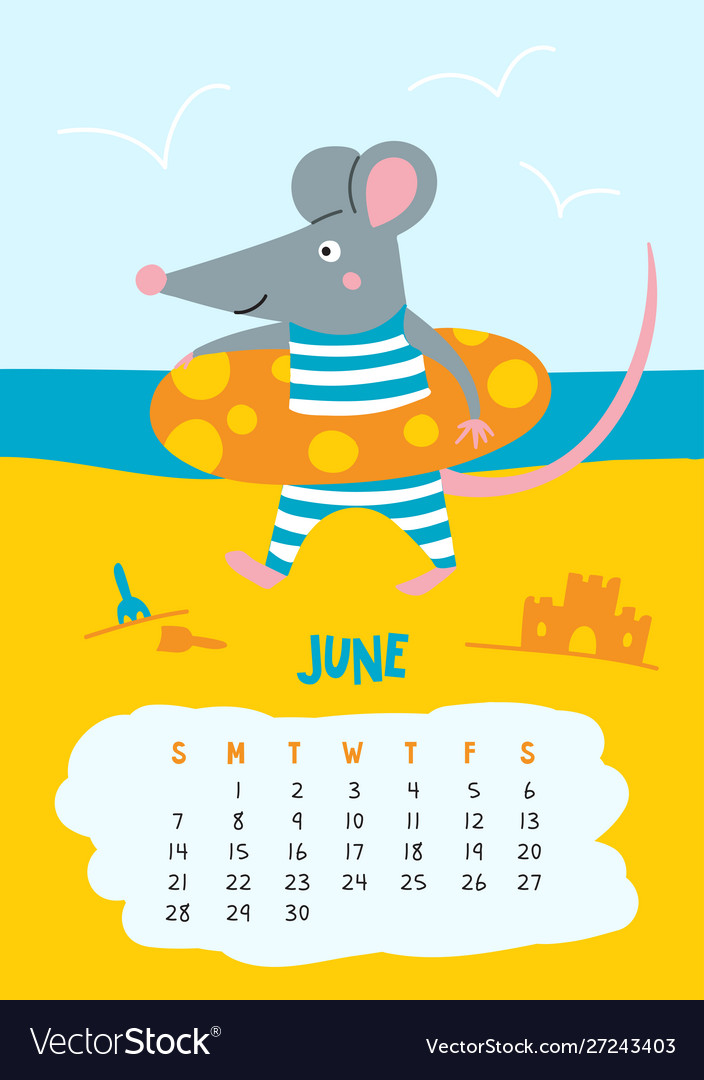 June calendar page with cute rat at beach Vector Image