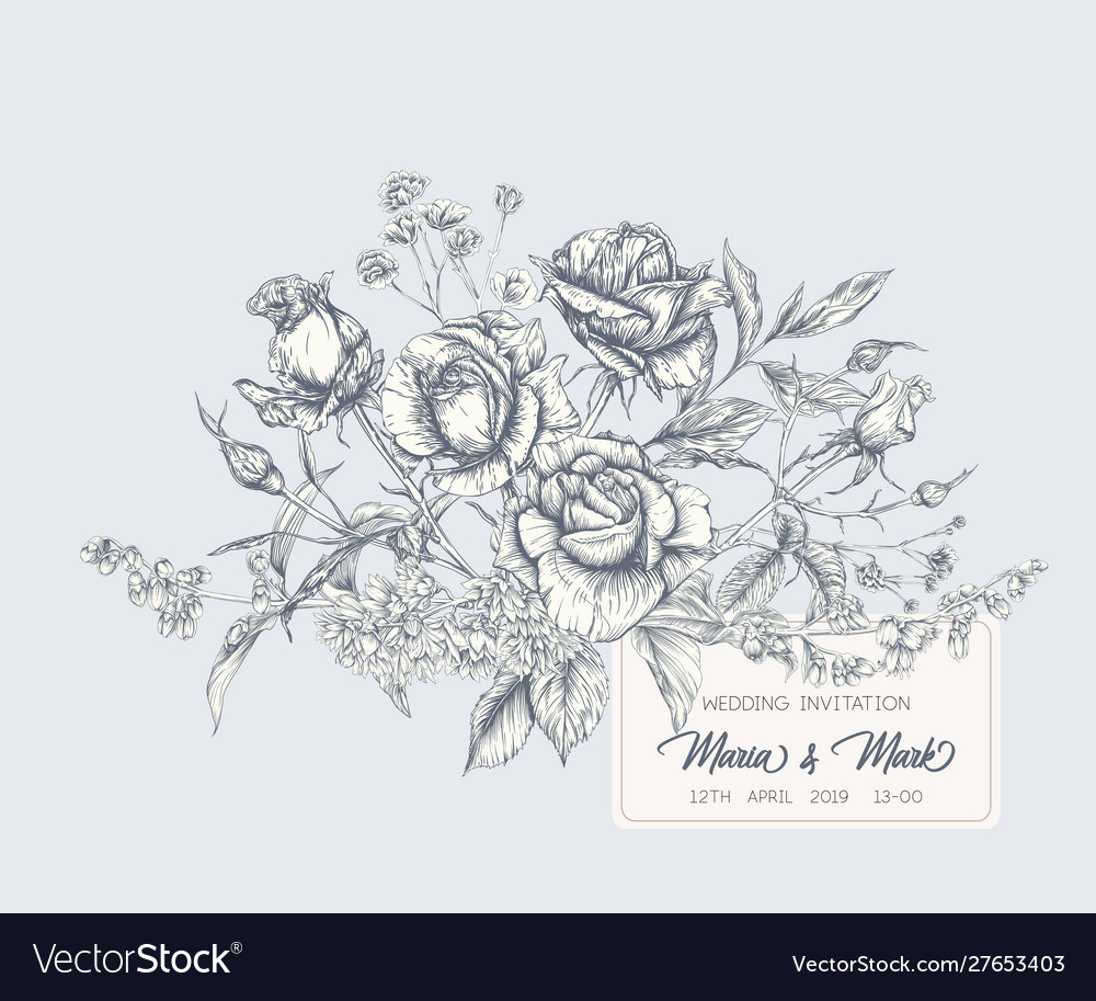 Wedding invitation with roses and spring flowers Vector Image