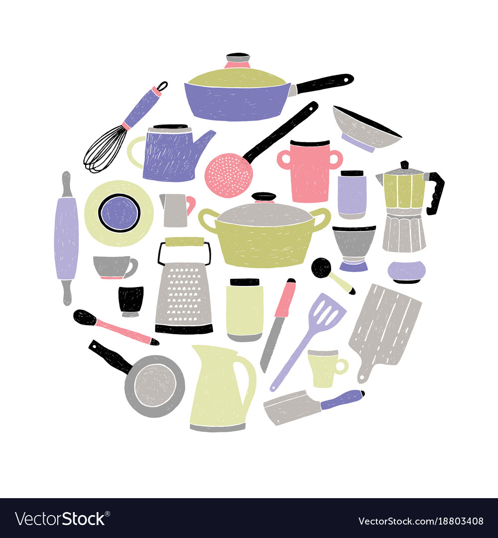 Colored kitchenware set on white background round Vector Image