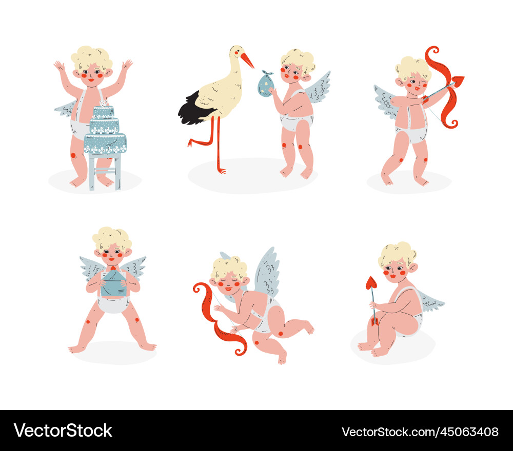 Cute blond cupid boy with bow stork arrow Vector Image