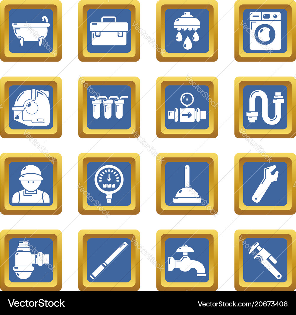 Plumber symbols icons set blue square Royalty Free Vector
