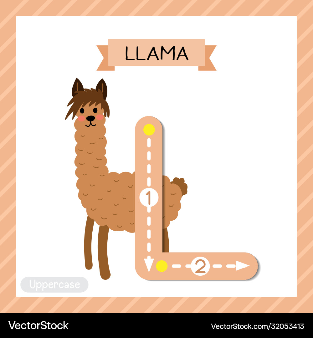 Letter l uppercase tracing brown llama Royalty Free Vector