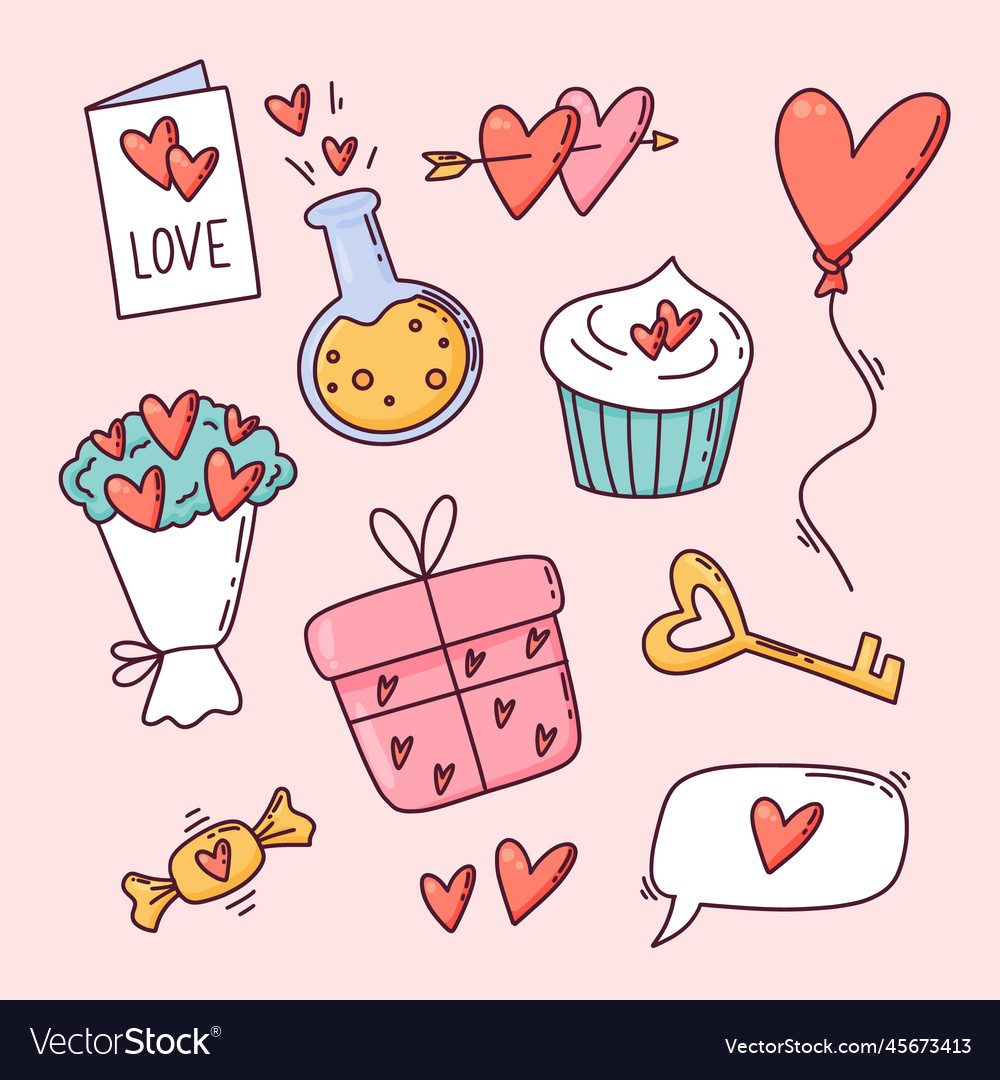 Set of cute valentines day elements cute cartoon Vector Image