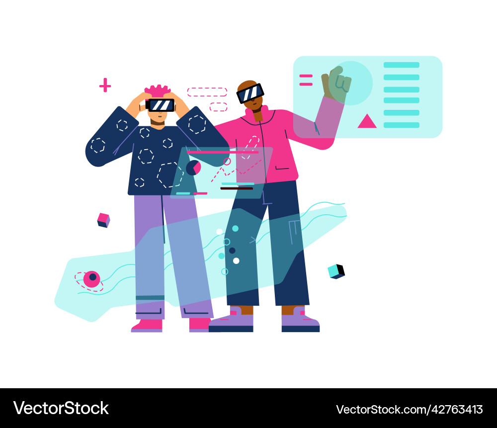 Two male friends in vr goggles exploring metaverse