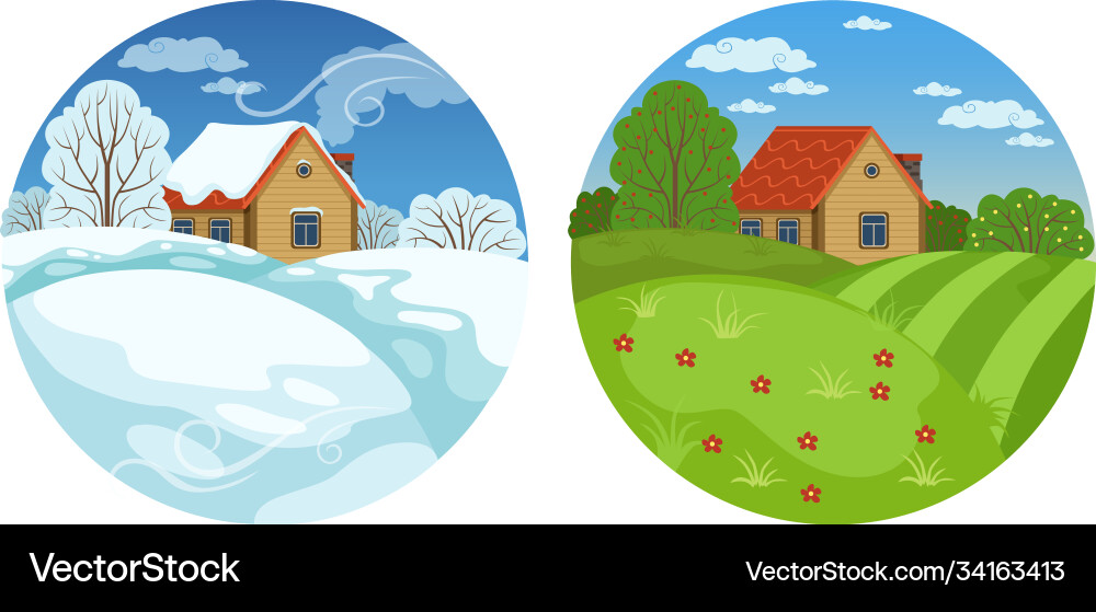 Winter and summer landscape set two seasons Vector Image