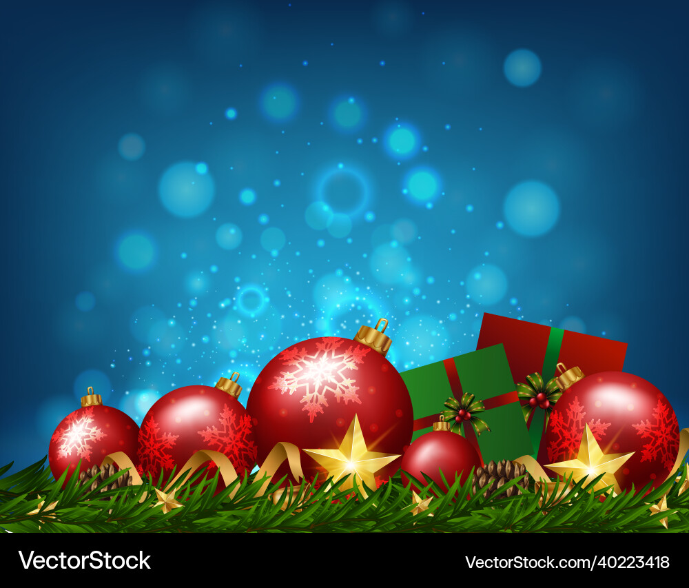 Christmas background with bauble and gift box Vector Image