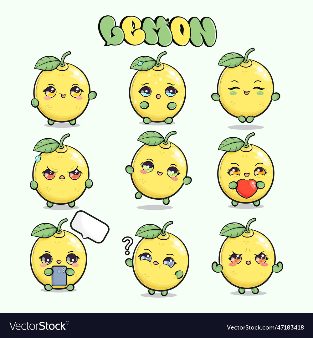 Funny cute happy lemon characters bundle set Vector Image