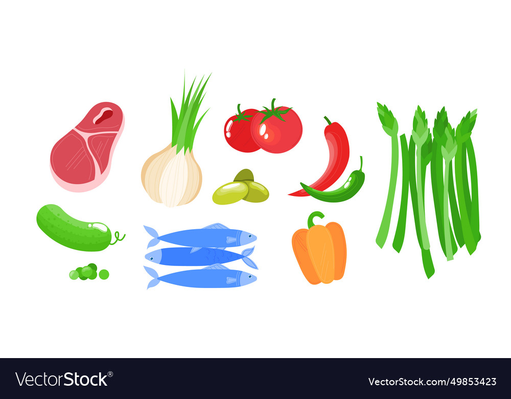 Assorted fresh vegetables and meat isolated Vector Image Assorted fresh vegetables and meat isolated Vector Image
