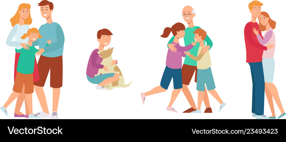 Flat family characters hugging icon set Royalty Free Vector