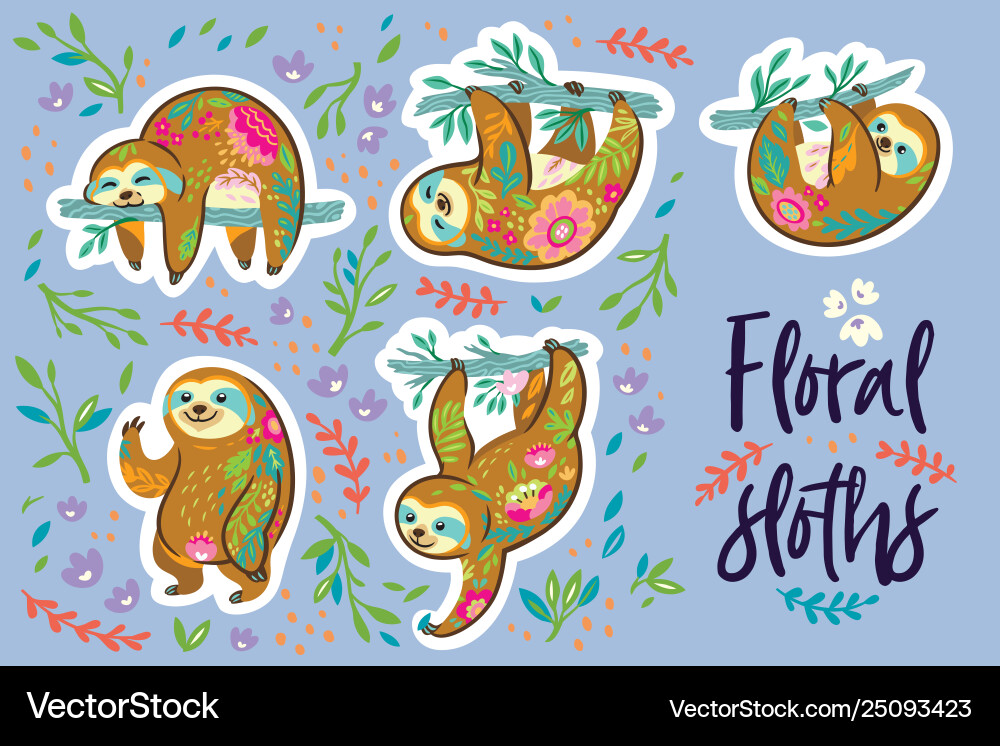 Floral sloths sticker set Royalty Free Vector Image