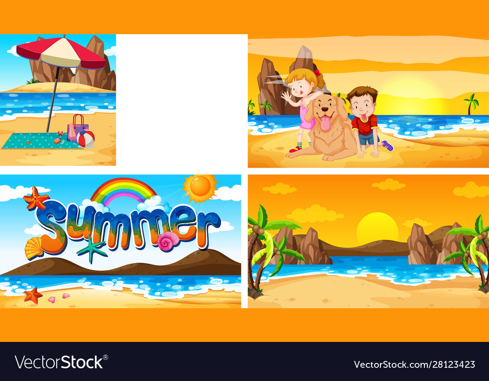 Four background scenes with summer on beach Vector Image