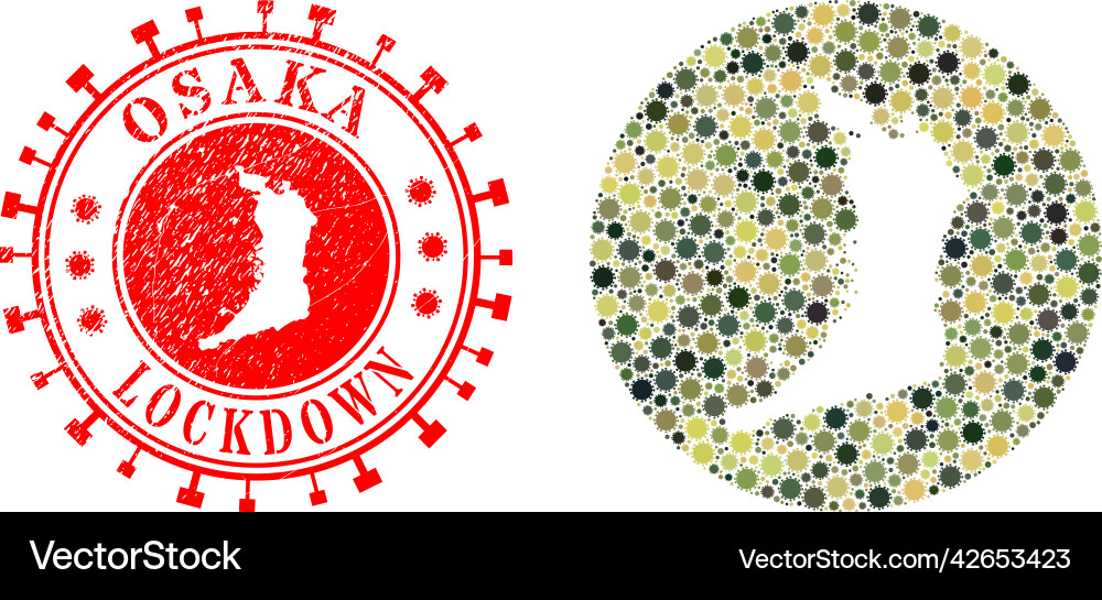 Lockdown scratched badge and virus mosaic Vector Image