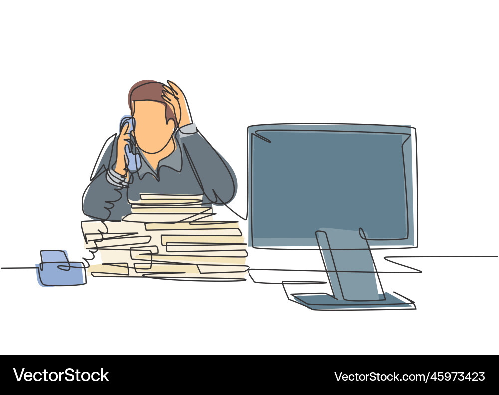 Single continuous line drawing of young bored Vector Image