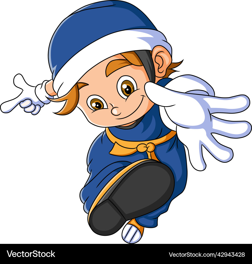 Karate boy is giving the strong kick Royalty Free Vector